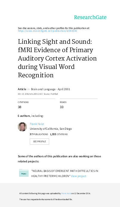 (PDF) Linking Sight and Sound: fMRI Evidence of Primary Auditory Cortex Activation during Visual ...