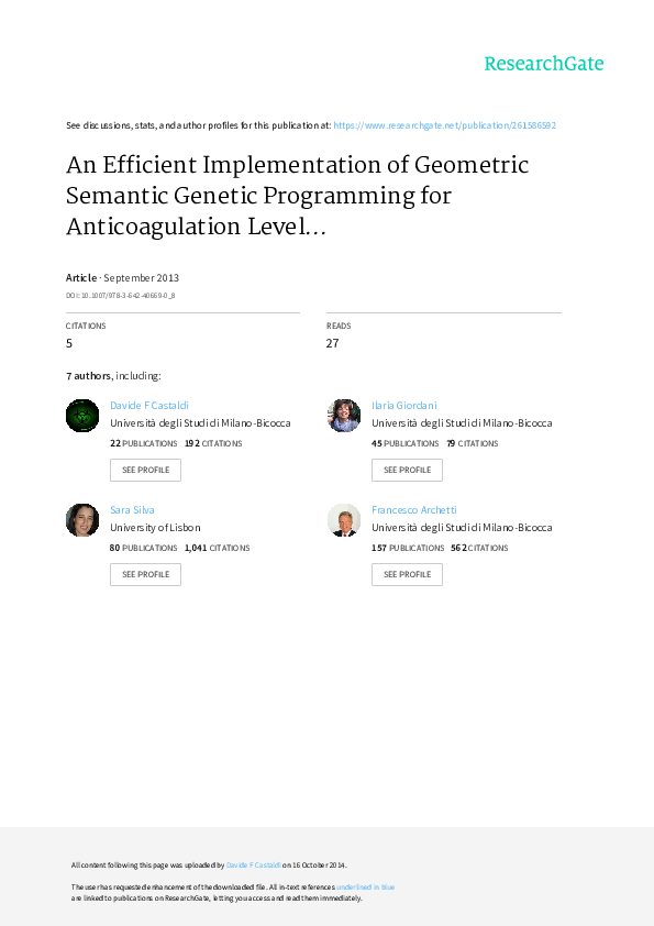 Pdf An Efficient Implementation Of Geometric Semantic Genetic Programming For Anticoagulation