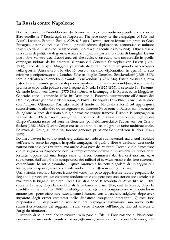 (PDF) Dominic Lieven, "Russia against Napoleon". Una recensione