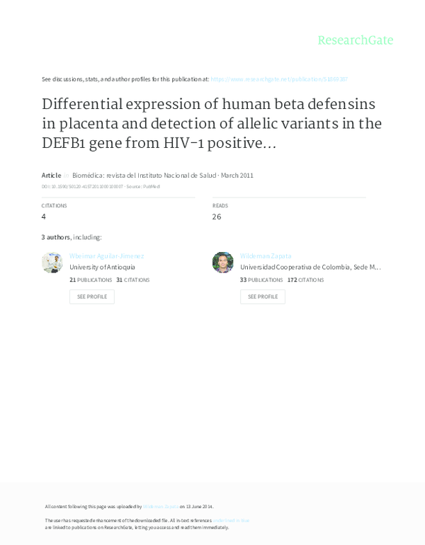 (PDF) Differential expression of human beta defensins in placenta and ...