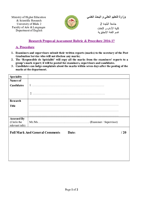 (DOC) Research Proposal Assessment Rubric & Procedure 2016-17 (For ...