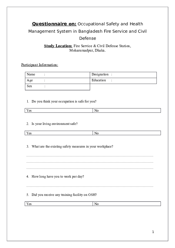 (DOC) Questionnaire on: Occupational Safety and Health Management ...