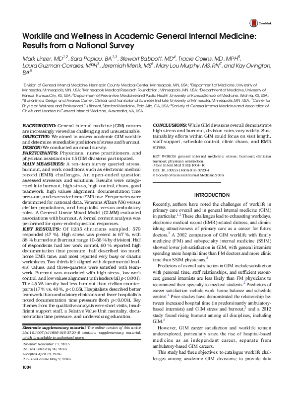 (PDF) Worklife and Wellness in Academic General Internal Medicine ...
