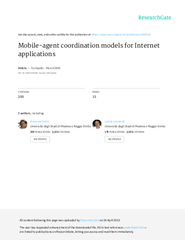 (PDF) Mobile-Agent Coordination Models for Internet Applications