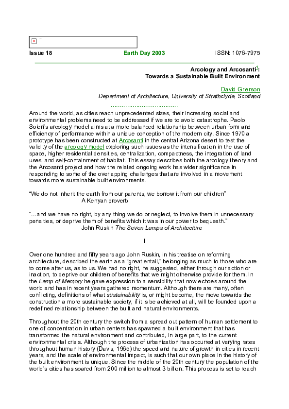 (PDF) Arcology and Arcosanti: Towards a Sustainable Built Environment ...