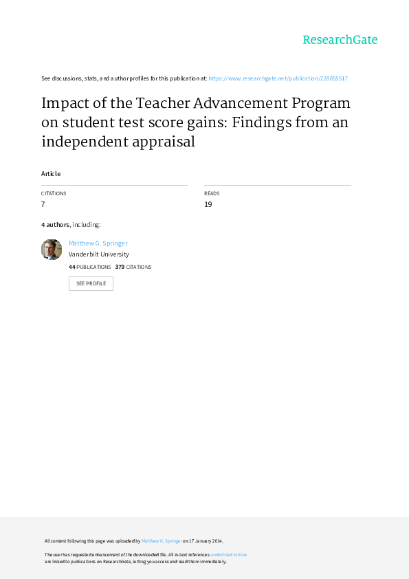 (PDF) Impact of the Teacher Advancement Program on student test score ...