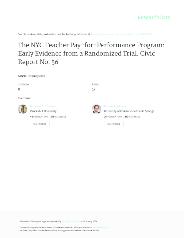 (PDF) The NYC Teacher Pay-for-Performance Program: Early Evidence from ...