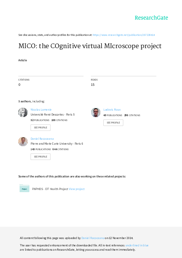 (PDF) MICO: the COgnitive virtual MIcroscope project | Daniel RACOCEANU - Academia.edu