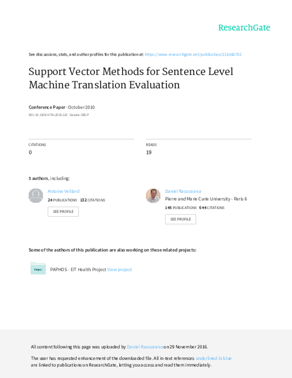 (PDF) Support Vector Methods for Sentence Level Machine Translation Evaluation