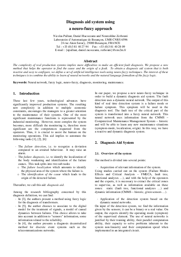 (PDF) Diagnosis aid system using a neuro-fuzzy approach | Daniel RACOCEANU - Academia.edu