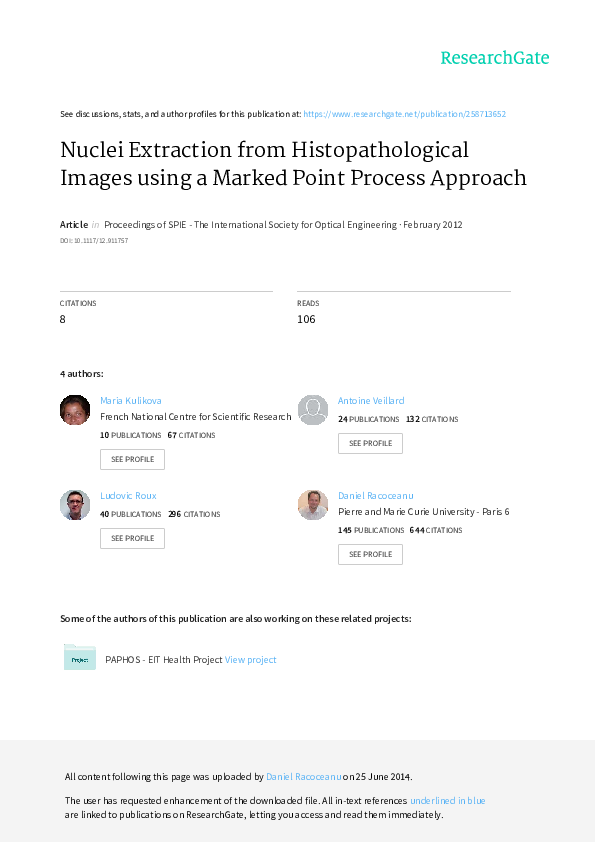 Pdf Nuclei Extraction From Histopathological Images Using A Marked Point Process Approach