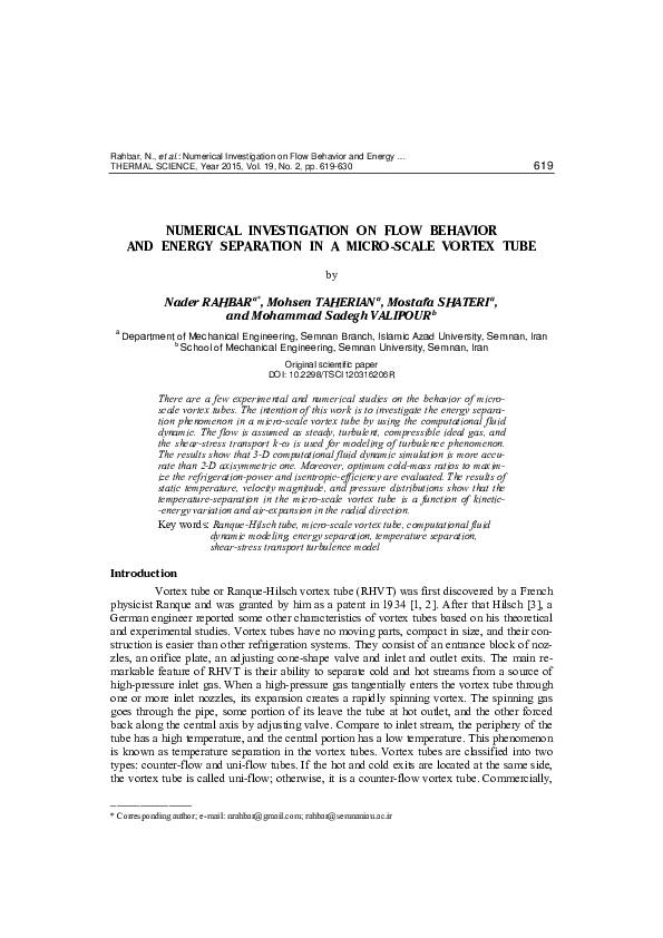 (PDF) Numerical investigation on flow behavior and energy separation in a micro-scale vortex tube