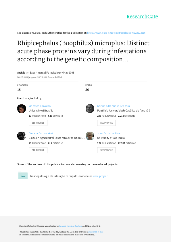 (PDF) Rhipicephalus (Boophilus) microplus: Distinct acute phase proteins vary during ...
