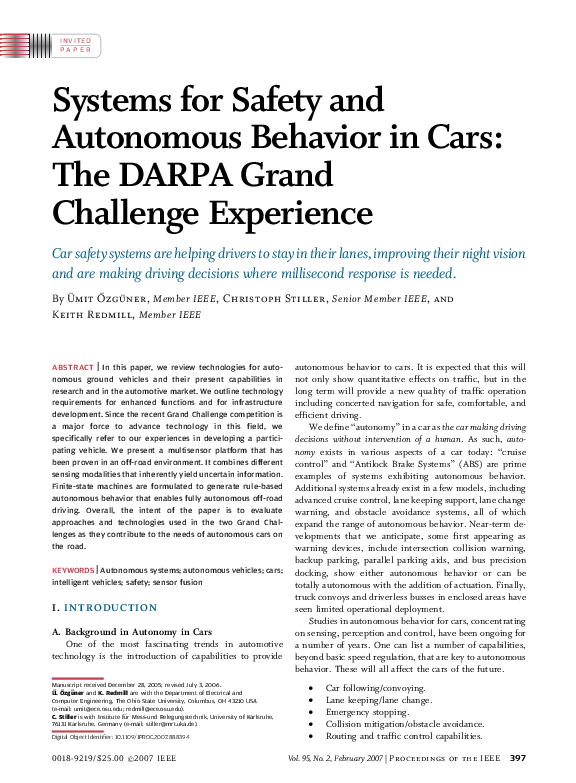 (PDF) Systems for Safety and Autonomous Behavior in Cars: The DARPA ...
