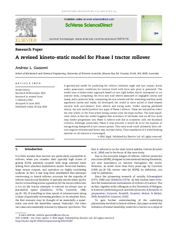 (PDF) A revised kineto-static model for Phase I tractor rollover