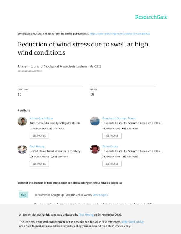 (PDF) Reduction of wind stress due to swell at high wind conditions