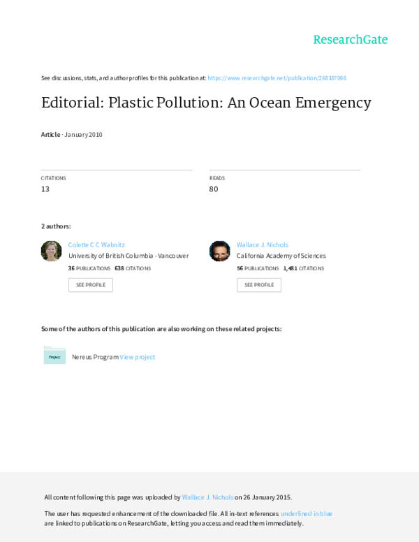 (PDF) Editorial: Plastic Pollution: An Ocean Emergency