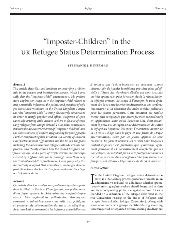 (PDF) (2016) ‘Imposter-Children’ in the UK Refugee Status Determination ...