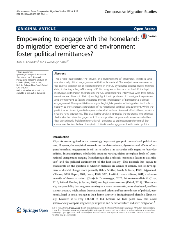 (PDF) Empowering to engage with the homeland: do migration experience ...