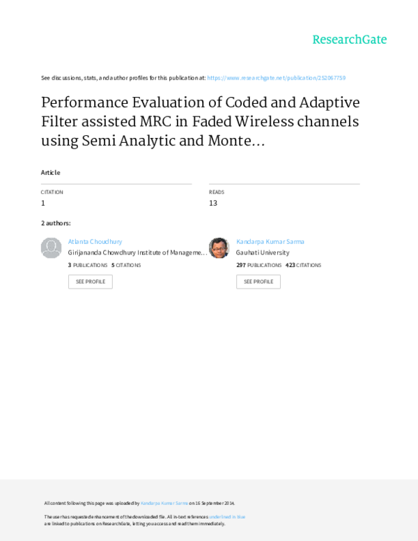 Pdf Performance Evaluation Of Coded And Adaptive Filter Assisted Mrc In Faded Wireless