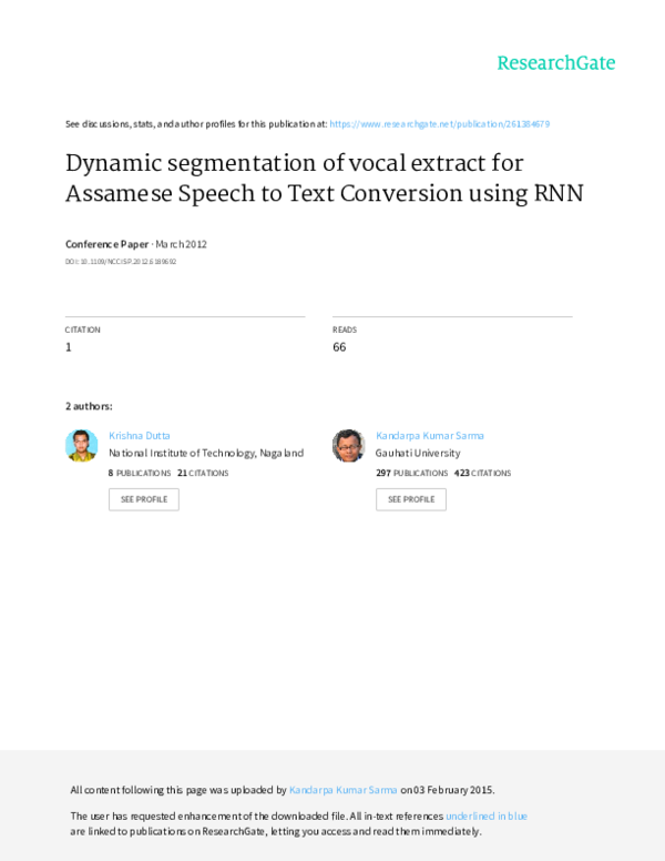 Pdf Dynamic Segmentation Of Vocal Extract For Assamese Speech To Text Conversionusing Rnn