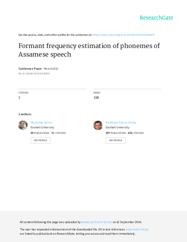 (PDF) Formant frequency estimation of phonemes of Assamese speech