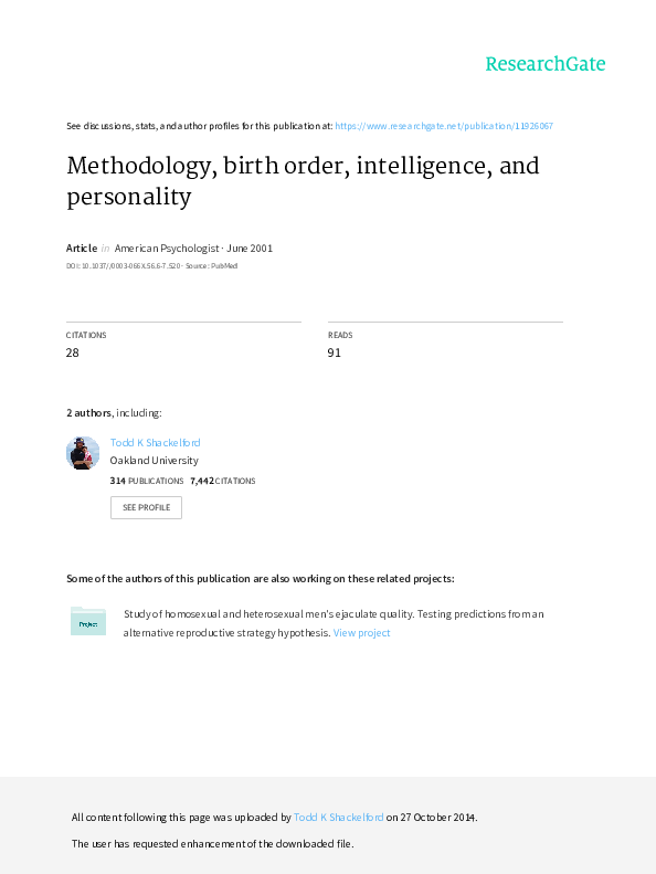 (PDF) Methodology, birth order, intelligence, and personality