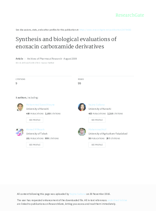 (PDF) Synthesis and biological evaluations of enoxacin carboxamide ...