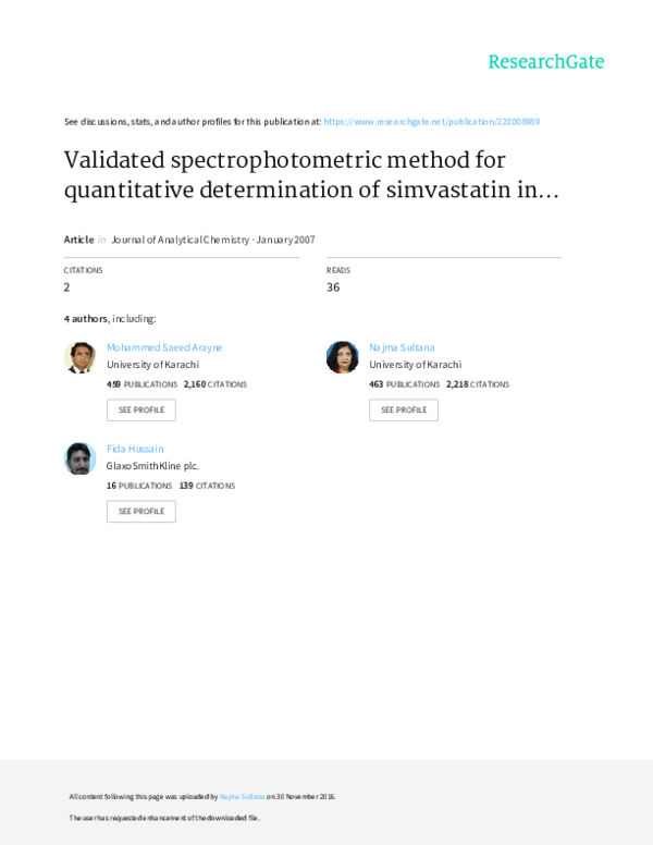 Pdf Validated Spectrophotometric Method For Quantitative Determination Of Simvastatin In