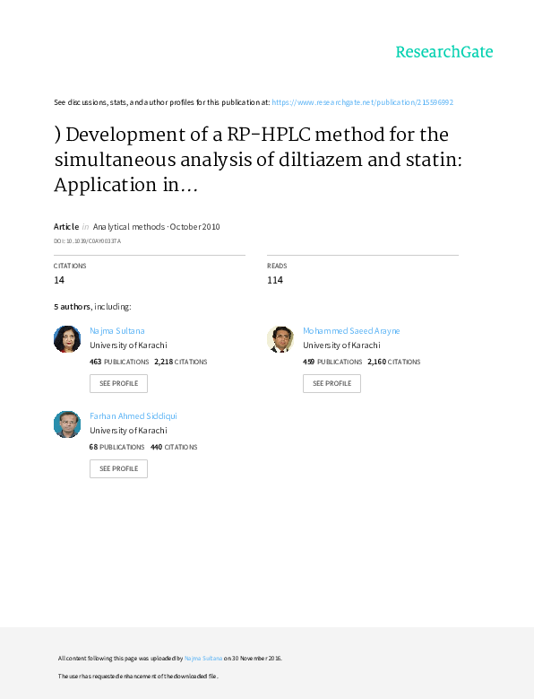 (PDF) Development of a RP-HPLC method for the simultaneous analysis of diltiazem and statin ...