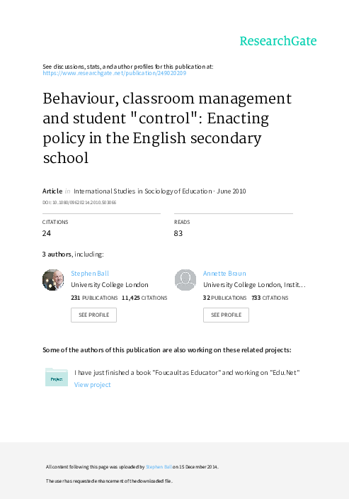 (PDF) Behaviour, classroom management and student ‘control’: enacting ...