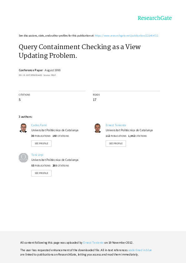 (PDF) Query Containment Checking as a View Updating Problem (extended version)