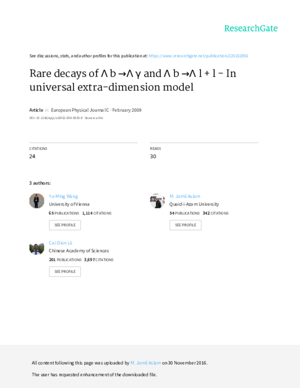 (PDF) Rare decays of Lambda b --> Lambda gamma and Lambda b --> Lambda l + l - in universal ...