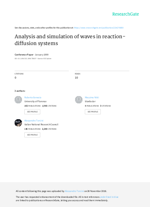 (PDF) Analysis and simulation of waves in reaction-diffusion systems