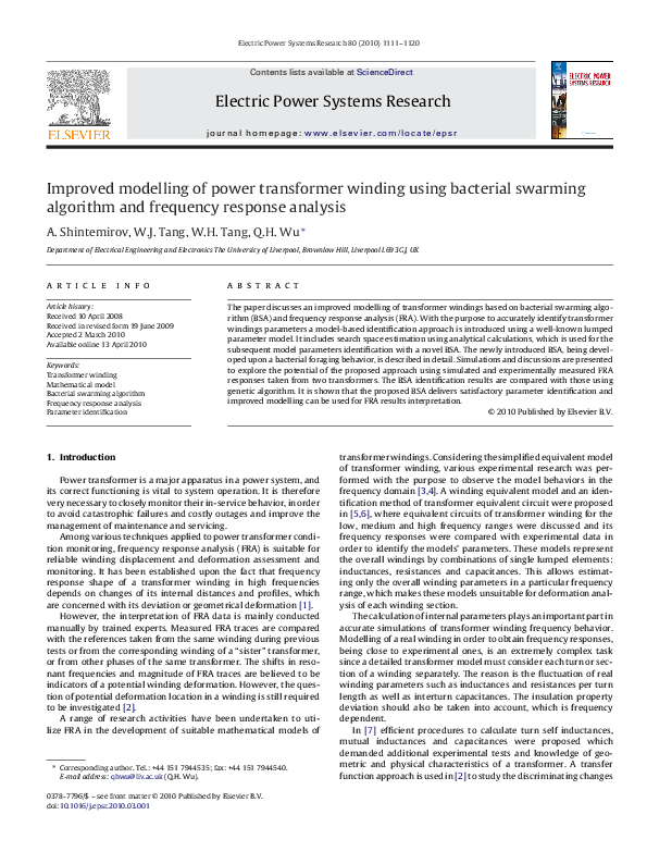 (PDF) Improved modelling of power transformer winding using bacterial swarming algorithm and ...