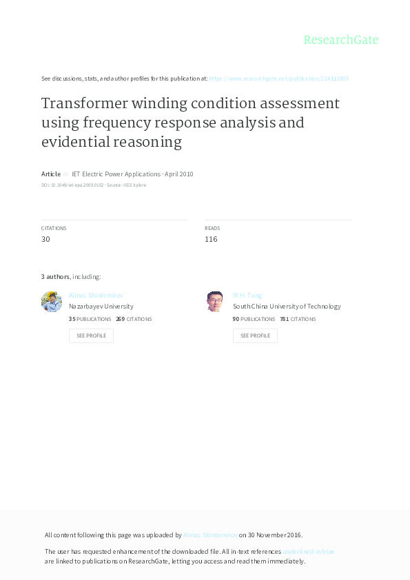 Pdf Transformer Winding Condition Assessment Using Frequency Response
