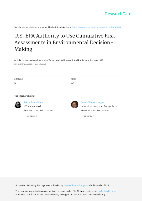 (PDF) U.S. EPA Authority to Use Cumulative Risk Assessments in ...