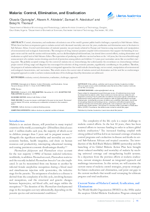 (PDF) Malaria: Control, Elimination, and Eradication