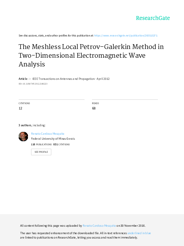 (PDF) The Meshless Local Petrov–Galerkin Method in Two-Dimensional Electromagnetic Wave Analysis