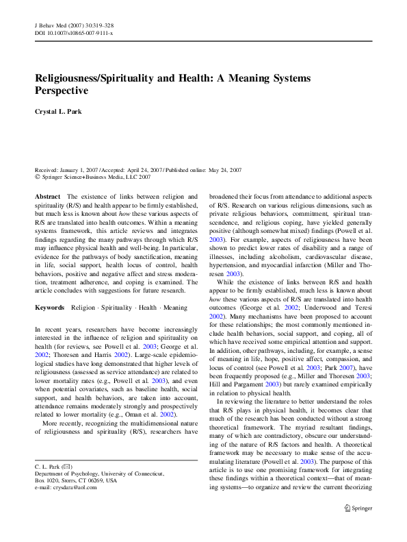 (PDF) Religiousness/Spirituality and Health: A Meaning Systems Perspective