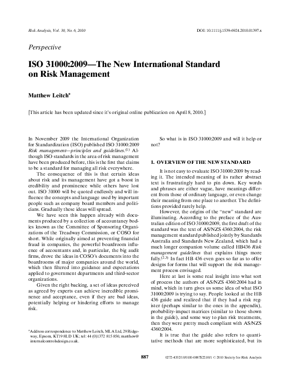 (PDF) ISO 31000:2009The New International Standard on Risk Management ...