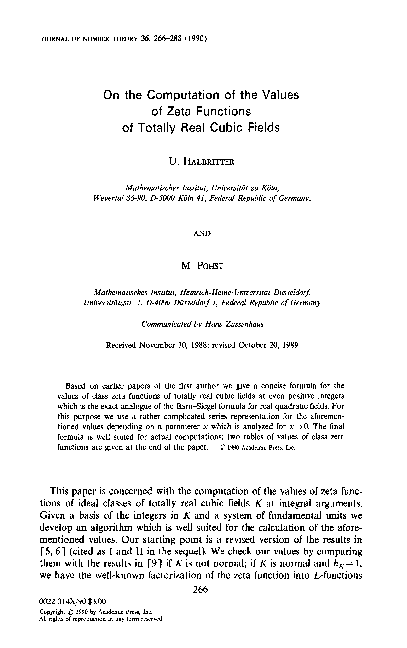 Pdf On The Computation Of The Values Of Zeta Functions Of Totally Real Cubic Fields