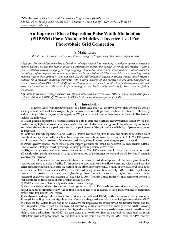 Pdf An Improved Phase Disposition Pulse Width Modulation Pdpwm For