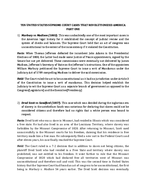 (PDF) TEN UNITED STATES SUPREME COURT CASES THAT REVOLUTIONIZED AMERICA ...