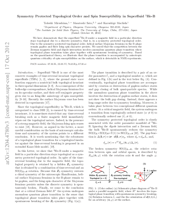 (PDF) Symmetry Protected Topological Order and Spin Susceptibility in Superfluid 3He-B