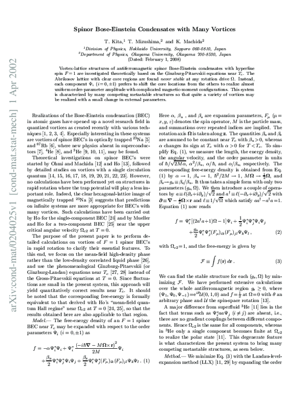 (PDF) Spinor Bose-Einstein condensates with many vortices | Takeshi ...