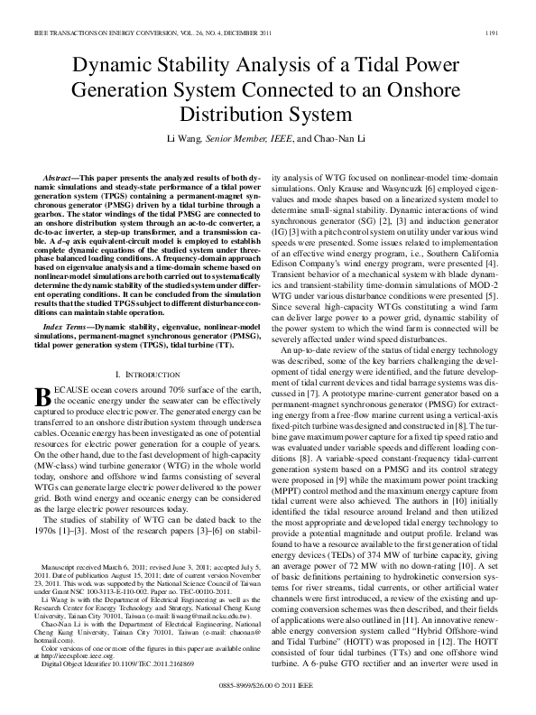(PDF) Dynamic Stability Analysis of a Tidal Power Generation System Connected to an Onshore ...