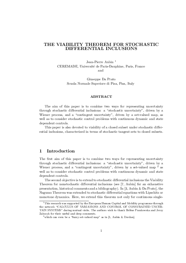 Pdf The Viability Theorem For Stochastic Differential Inclusions Jean Pierre Aubin