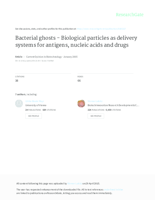(PDF) Bacterial ghosts – biological particles as delivery systems for ...