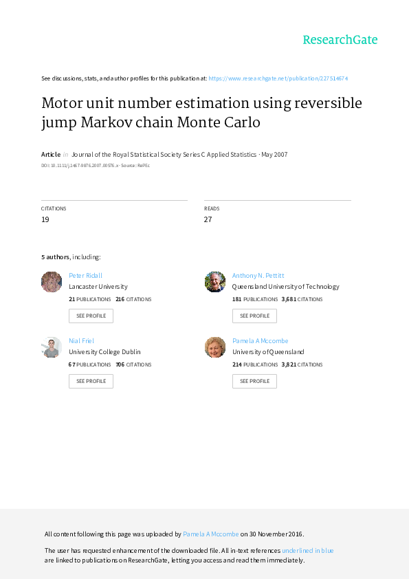 (PDF) Motor unit number estimation using reversible jump Markov chain Monte Carlo